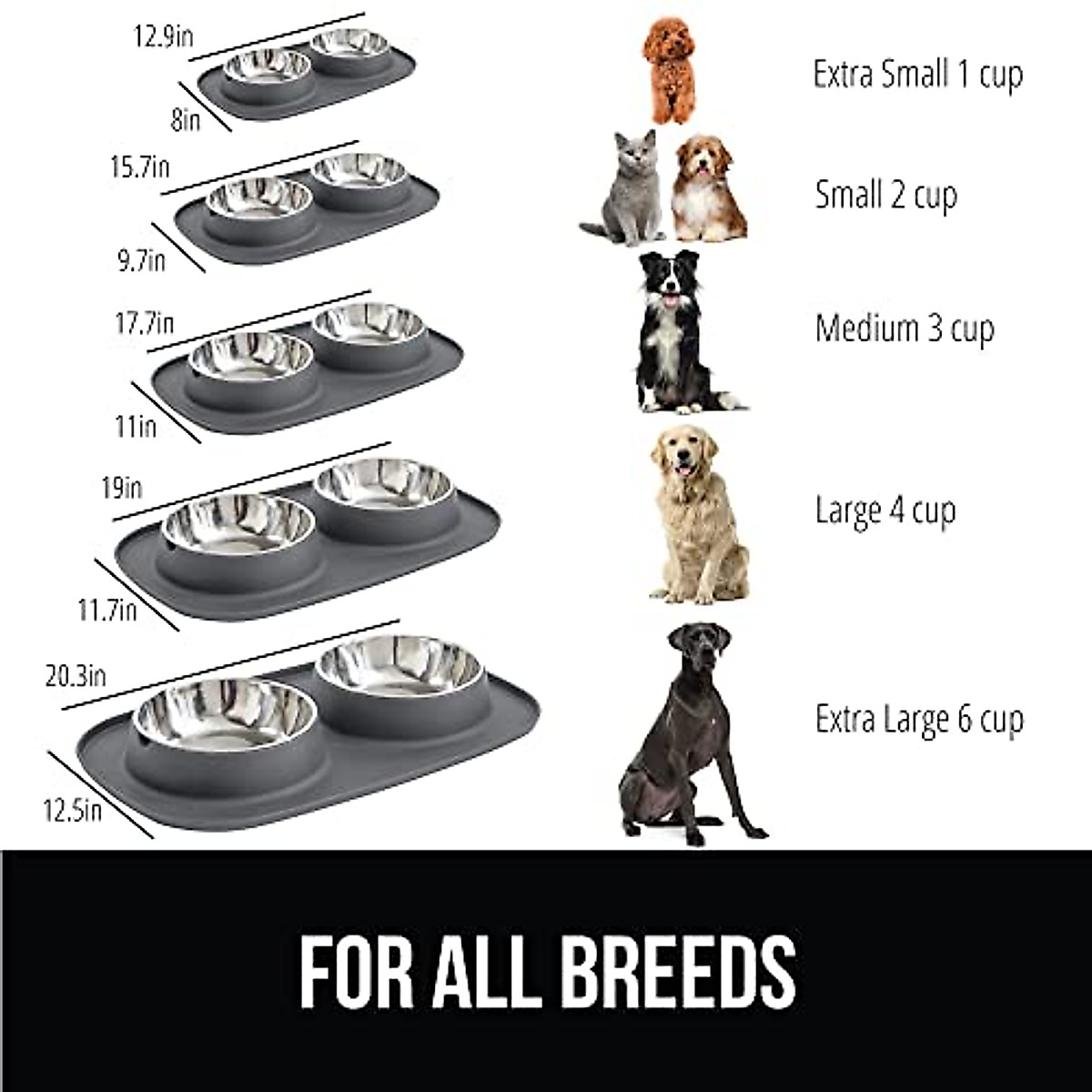 Gorilla Grip Slip Resistant Pet Bowls and Silicone Feeding Mat Set, Catch Water and Food Mess, Raised Edges for No Spills, Stainless Steel Cat and Dog Dish Bowl for Small and Large Pets, 2 Cups Gray