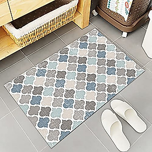 Houseown Kitchen Rugs and Mats 2 Pcs Set, Boho Moroccan Blue Grey Geometric Plaid Microfiber Kitchen Mat Non-Slip Washable Home Decor for Kitchen Floor Home Office Laundry