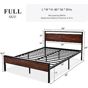 Allewie Full Size Platform Bed Frame with Wooden Headboard and Footboard, Heavy Duty 12 Metal Slats Support, No Box Spring Needed, Under Bed Storage, Non-Slip, Noise Free, Easy Assembly, Mahogany