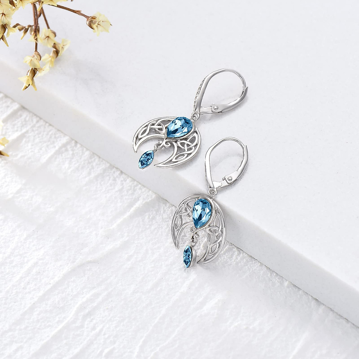 Celtic Moon Earrings 925 Sterling Silver Crescent Moon Leverback Dangle Drop Earrings with Simulated Aquamarine Birthstone Crystal Celtic Irish Jewelry Gifts for Women