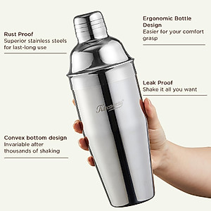 Cocktail Shaker, KITESSENSU 24oz Drink Shaker with Bartender Strainer, Measuring Jigger, Bar Mixing Spoon, Cocktail Recipe Guide, Professional Drink Mixer Set for Beginners, Silver