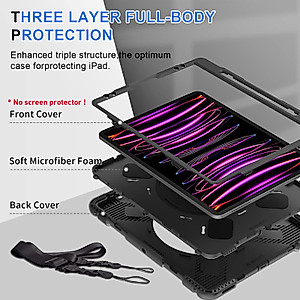 SUPFIVES Case for iPad Pro 12.9 2022 6th Generation: Upgraded Military Grade Shockproof Protective Silicone Cover for iPad 12.9 Inch 5th Gen 2021-Pencil Holder-Handle-Shoulder Strap-Kick Stand-Black