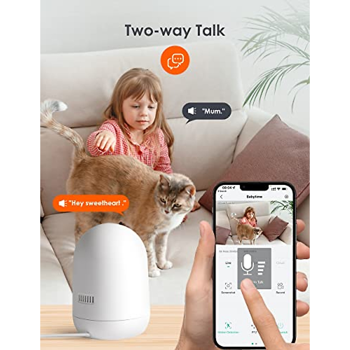 BabyTime Pet Camera, Indoor 2K 360° Wi-Fi Smart Camera with Night Vision, Motion Detection, Two-Way Audio, Compatible with Alex