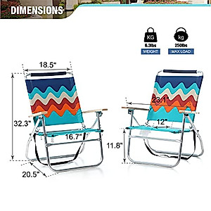 GREEN PARTY Beach Chair 2 Pack Aluminum Lightweight Folding Reclining Beach Chair with 3 Positions, Cooler Bag, and Wooden Armrest for Outdoor Camping Lawn, Support 250LBS, Blue
