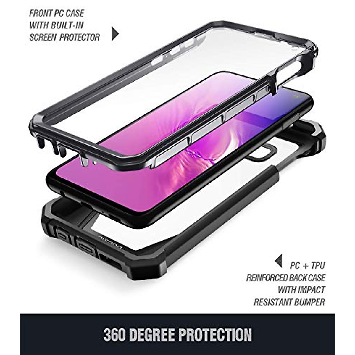 Poetic Galaxy S10e Rugged Clear Case, Full-Body Hybrid Bumper Cover, Support Wireless Charging, Includes Built-in-Screen Protector, Guardian Series, Case for Samsung Galaxy S10e 2019, Black