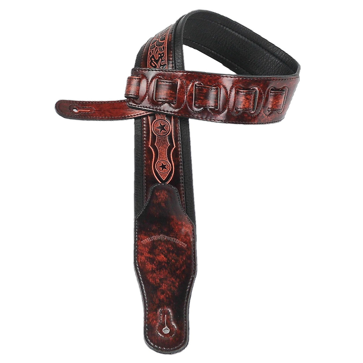 Walker & Williams GB-162 Bourbon Brown Padded Guitar Strap with Oak Leaves & Texas Star