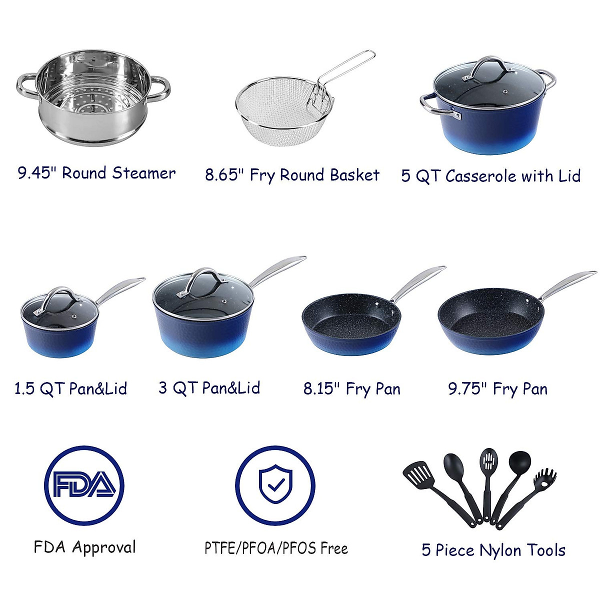 Kitchen Academy Pots and Pans Set Non Stick - 15 Pieces Blue Hammered Cookware Set, Granite Nonstick Coating Induction Compatible for All Stove PFOA&PFOS Free