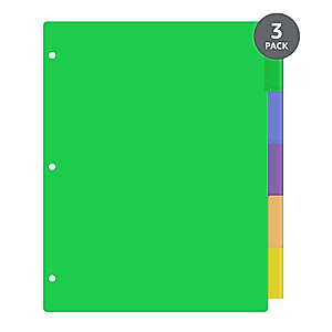 Amazon Basics 3 Ring Binder Dividers With 5 Tabs, Plastic Binder Dividers, Pack of 3 Sets (15 Dividers Total)
