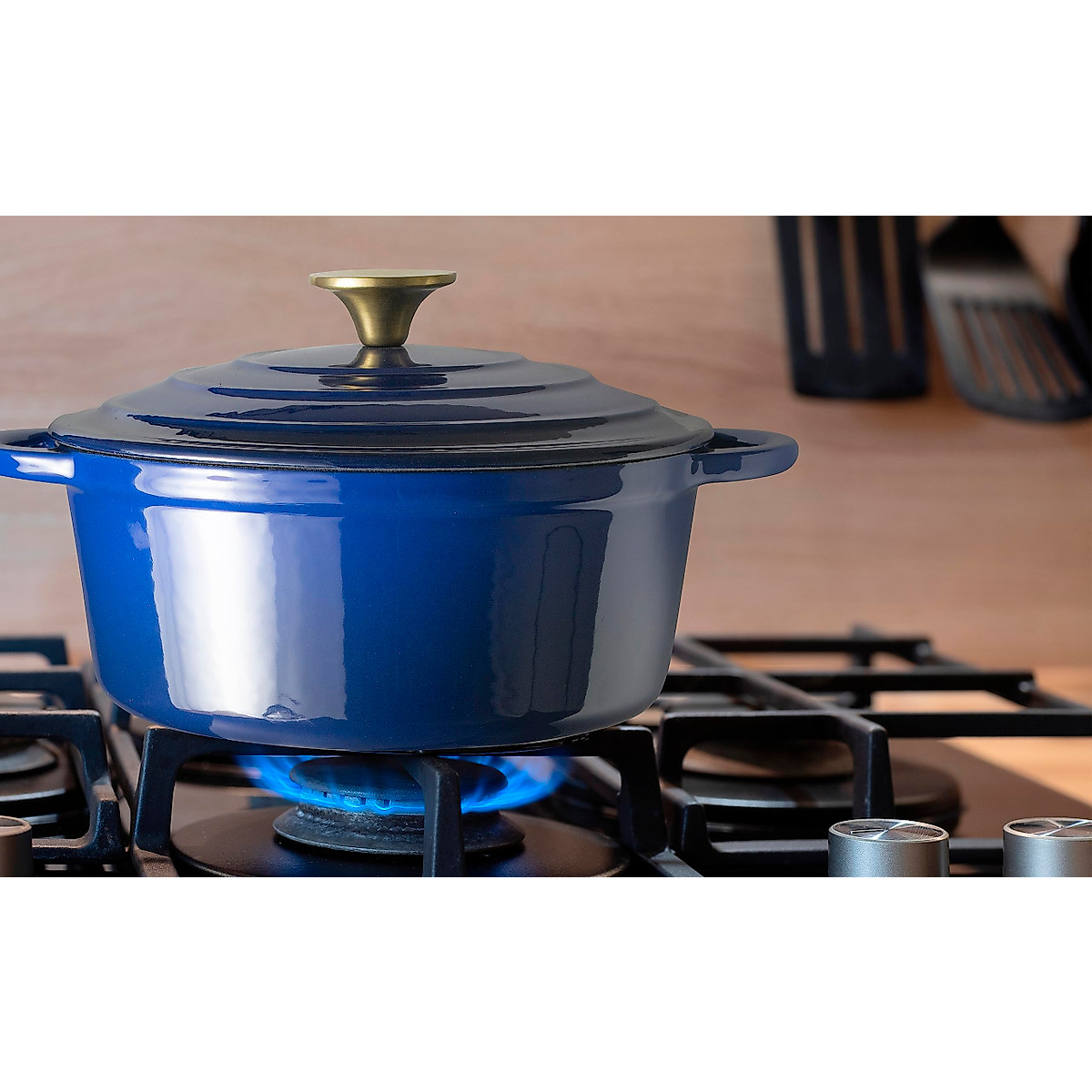 Enameled Cast Iron Dutch Oven - 5qt Dutch Oven Pot with Lid and Steel Knob - Cast Iron Cookware with Loop Handles for Gas, Electric & Ceramic Stoves - Blue Enamel Dutch Oven for Cooking & Baking