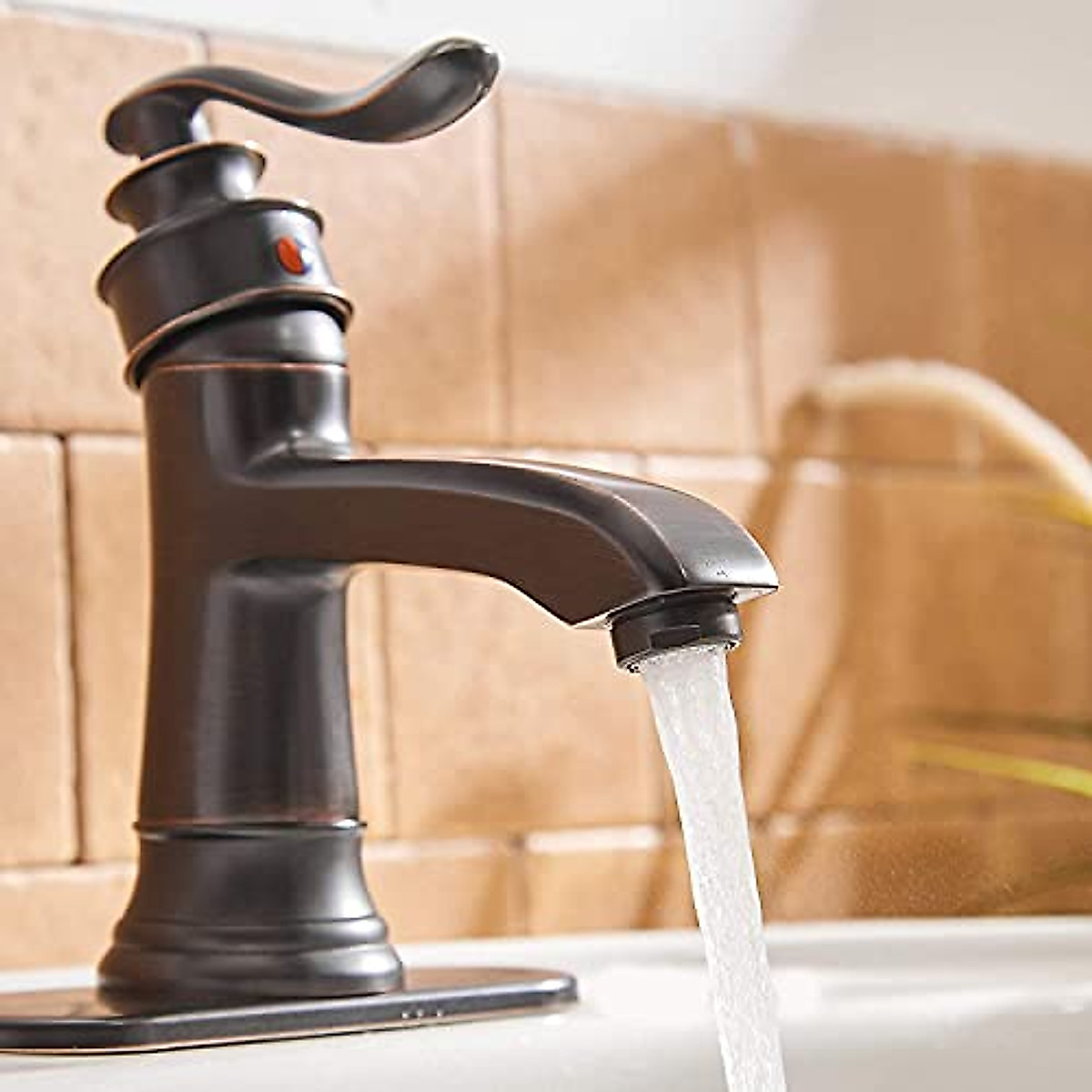 Bathfinesse Oil Rubbed Bronze Bathroom Faucet Single Handle Single Hole Farmhouse Stream Bathroom Sink Faucets & Parts with Pop Up Drain Assembly Vanity Supply Hose Lead-Free