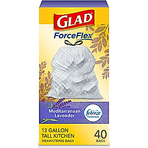 GLAD ForceFlex Tall Drawstring Trash Bags, 13 Gallon White Trash Bags for Tall Kitchen Trash Can, Mediterranean Lavender with Febreze Freshness to Eliminate Odors, 40 Count