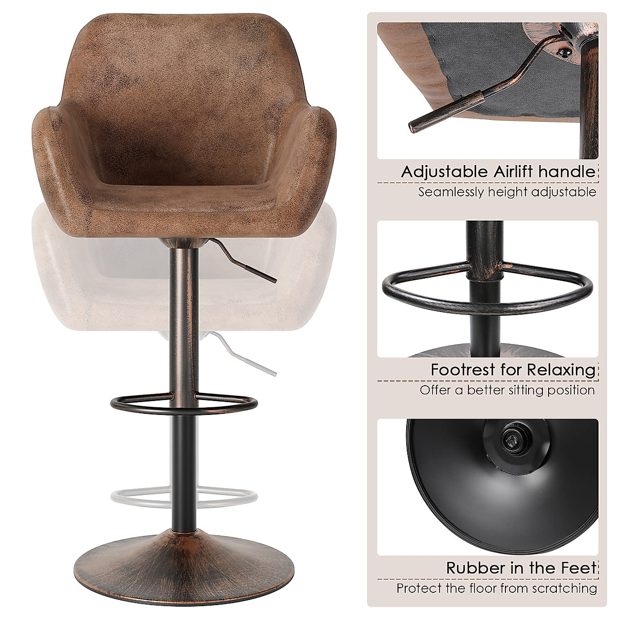 Keyluv Bar Stools Set of 2 for Kitchen Counter Adjustable Swivel Height Barstools 29 Inch Faux Leather Bar Chairs with Padded Back and Chromed Metal Base, Retro Brown