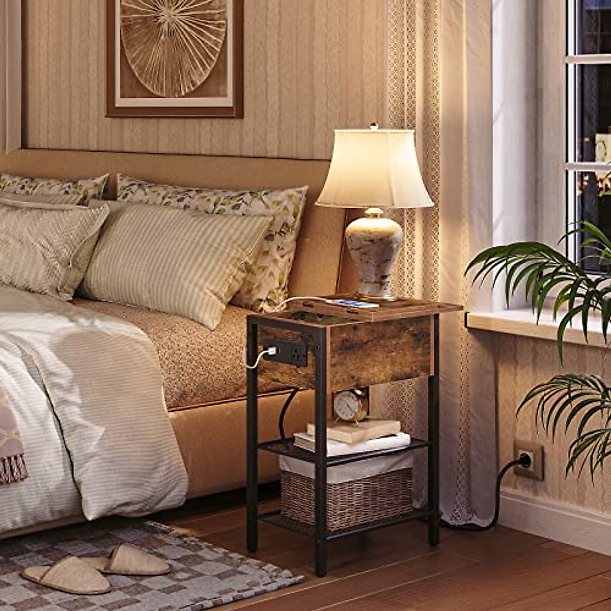 HOOBRO End Table with Charging Station, Narrow Side Table with USB Ports and Outlets, Flip Nightstand for Small Spaces, Sofa Couch Table Bedside Table, Living Room Bedroom, Rustic Brown BF158UBZ01G1
