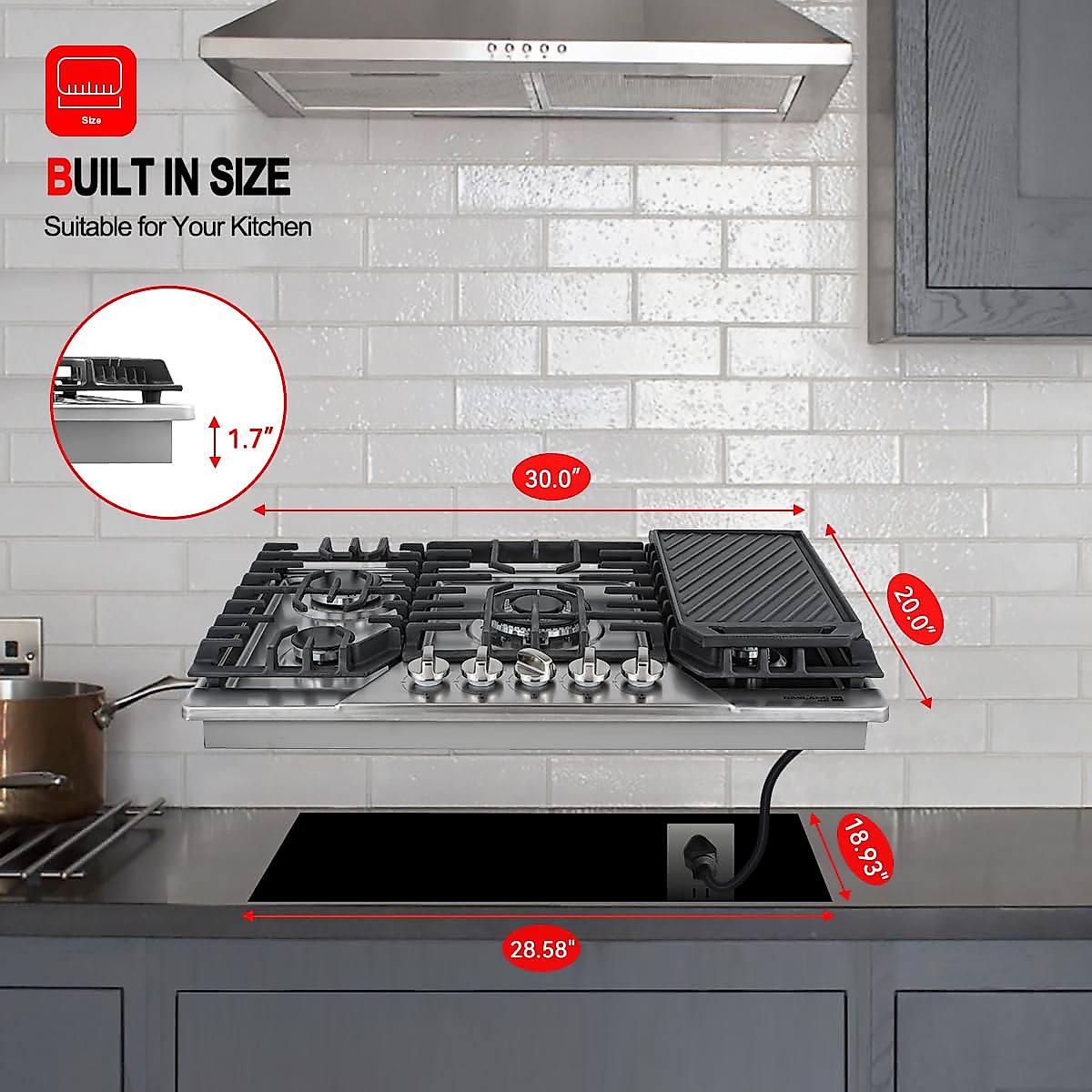 30 Inch Gas Cooktop with Griddle, GASLAND Chef PRO GH3305SF Gas Stovetop with 5 Burners, Reversible Cast Iron Grill/Griddle, 120V Plug-in, NG/LPG Convertible, CSA certified, Stainless Steel