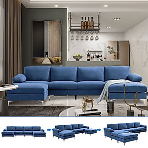 SUMKEA U-Shaped Sectional Sofa with Chaise, Larger Sectional Sofa Set for Living Room, Modern 128" Velvet Corner Sofa for Home and Office (Blue)
