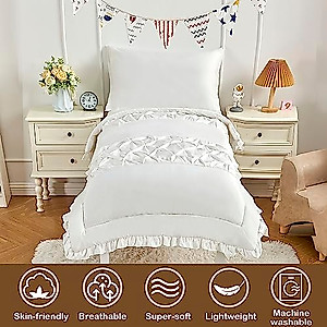 Toddler Bedding Set for Girls 4 Piece white Pinch Pleated Ruffle Fringe Pintuck Toddler Bed Comforter Sheet Set for Kids Bed-in-a-Bag Quilt Crib Set with Comforter,Flat Sheet,Fitted Sheet,Pillowcase