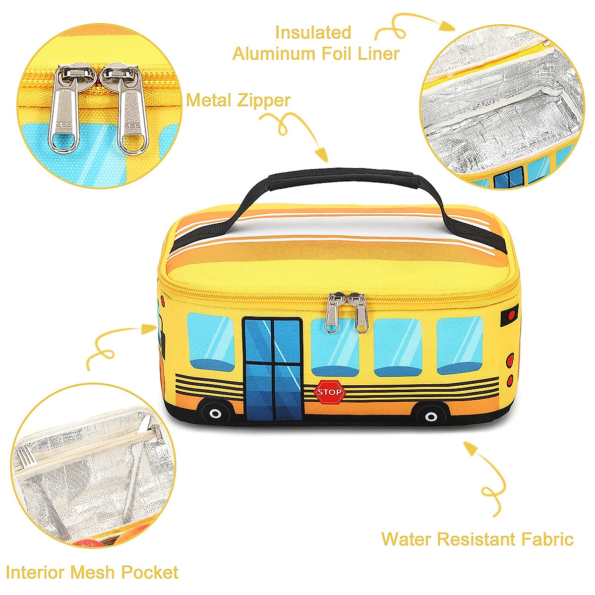 LEDAOU Lunch Box Kids Boys Girls Cute Insulated Lunch Box Reusable Lunch Bag Meals Tote Lunchbox for School Picnic Travel (Bus Yellow)