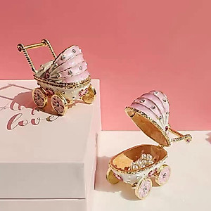 VISWITO Baby Carriage Stroller Ornaments Jewelry Trinket Boxes Ring Earrings Holder Organizers Hinged Hand Painted Enamel Decor Gifts for Girl,Women (Purple)