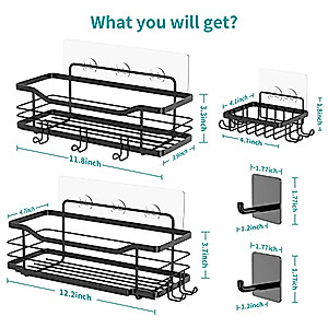 Shower Caddy, 5-Pack Shower Shelf, Adhesive Shower Organizer No Drilling with Soap Holder, 7 Hooks, Rustproof Stainless Steel Shower Rack Wall Mounted Bathroom Shower Storage Shelves for Inside Shower
