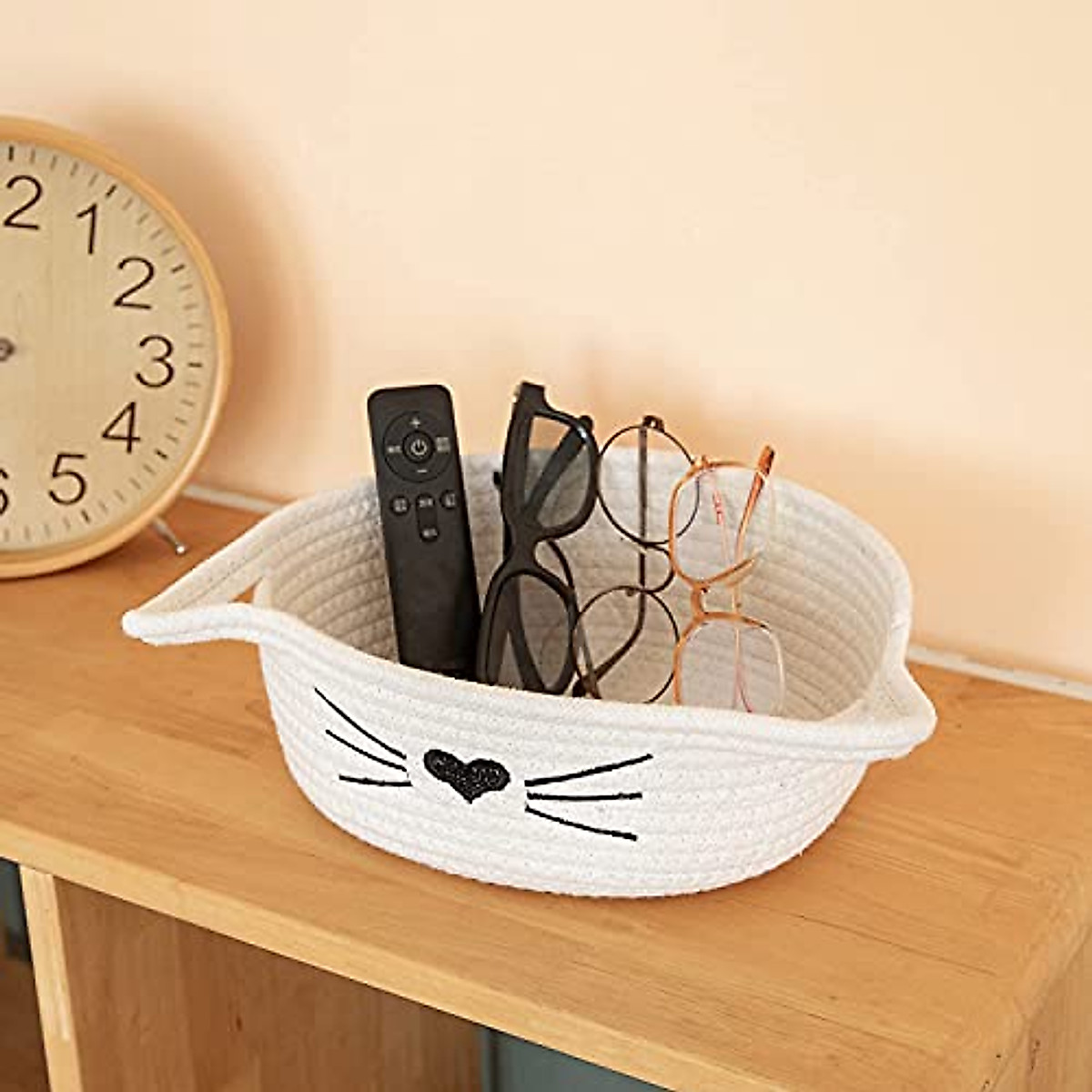 Small Woven Basket Cotton Rope Basket with Cat Ears Little Storage Baskets for Organizing Bins Organizer Wicker Nursery Room for Kids Baby Dog Toy Drawer Gifts 9.5"x8.5"x4", White