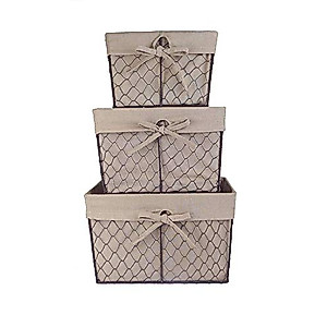 DII Farmhouse Chicken Wire Storage Baskets with Liner, Set of 3, Rustic Natural, Assorted Sizes