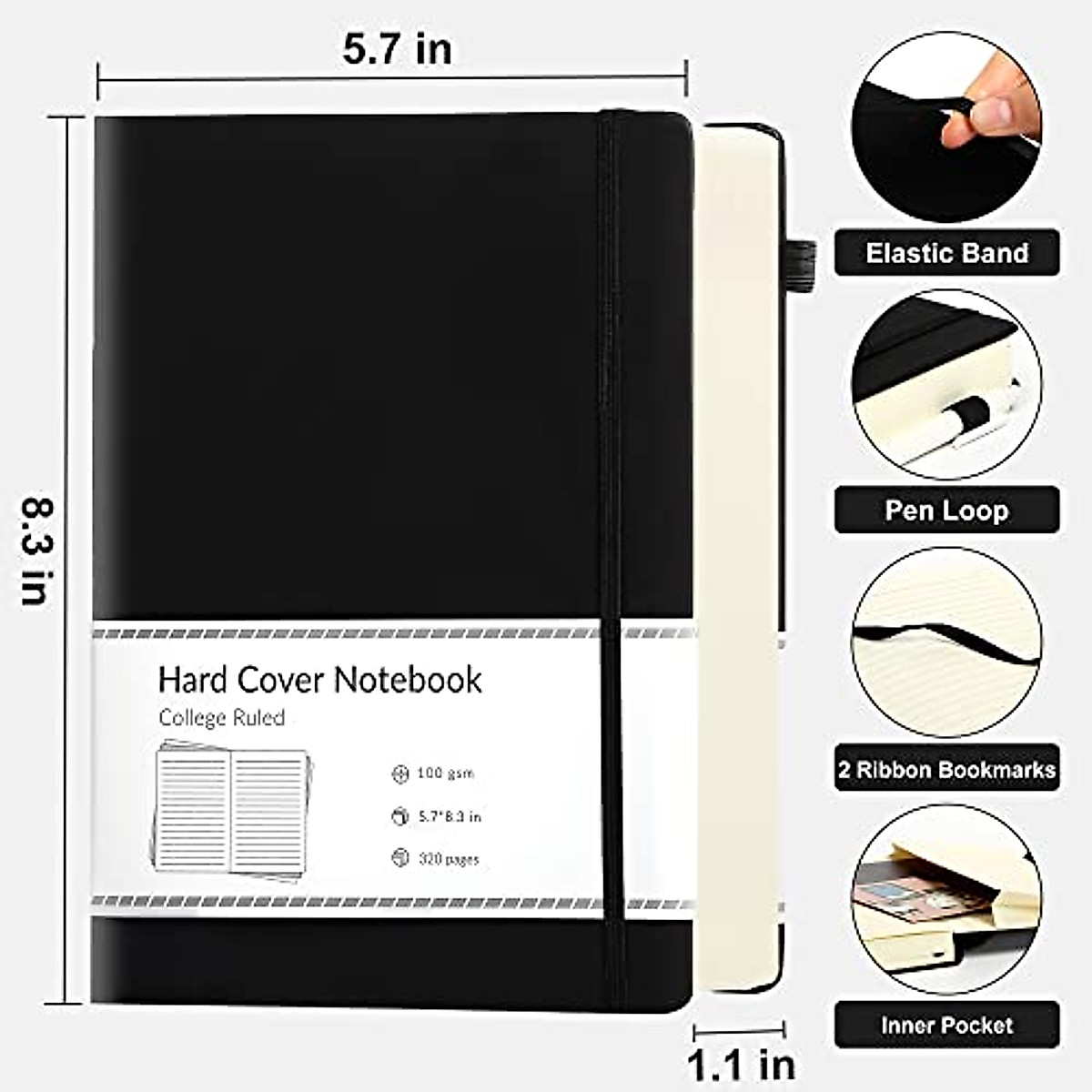 CAGIE Lined Journal Notebook, 320 Pages College Ruled Notebook, 100 Gsm Paper Thick Journal, A5 Hardcover Leather Journals for Writing, 5.7x8.3In, Black