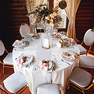 Newwiee 12 Pack Round Plastic Tablecloth 84 Inch with Glitter Sequin Table Runner 12 x 108 Inch Disposable Waterproof Tablecloth for Parties Wedding Baby Shower(Silver, White)