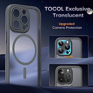 TOCOL 3 in 1 Magnetic for iPhone 15 Pro Case, Upgraded [Full Camera Protection] Fit for MagSafe [Military Grade Drop Tested] Translucent Matte Back Phone Bumper 6.1", Gray
