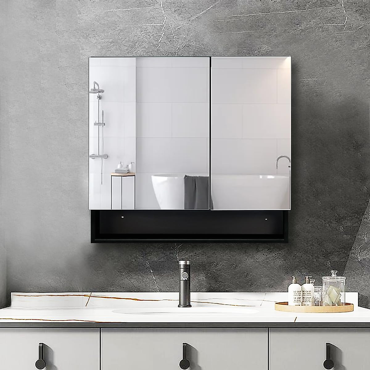 HESONTH Farmhouse Black Metal Framed Surface Mounted Bathroom Medicine Cabinet with Mirror Rectangle Vanity Mirros Cabinet for Wall with Double Doors