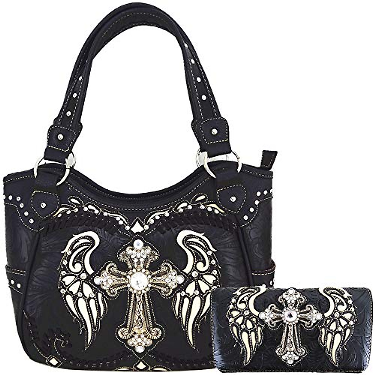 Western Style Cross Laser Cut Wings Purse Concealed Carry Handbags Women Country Shoulder Bag Wallet Set (#4 Black Set)