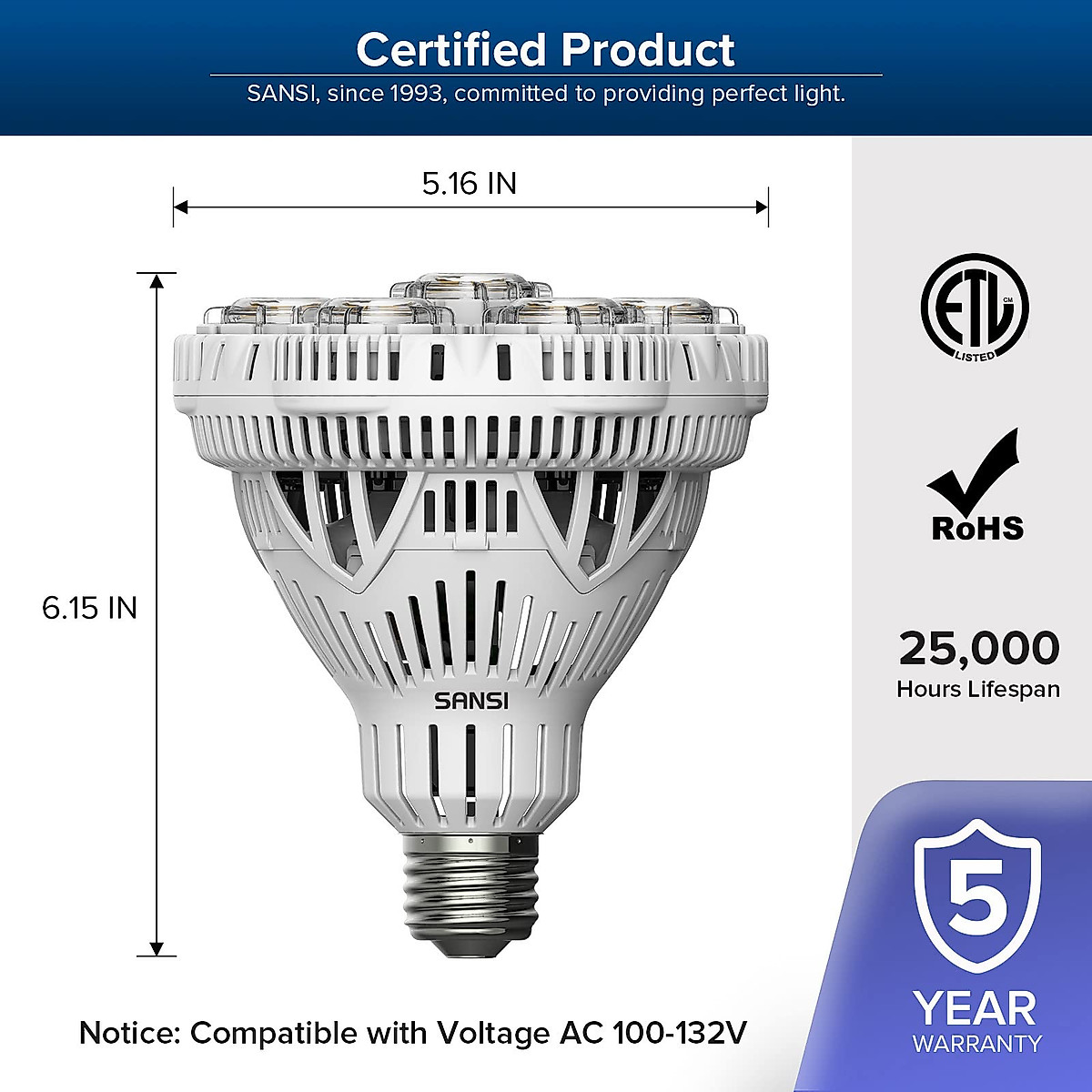 SANSI BR30 LED Light Bulb 300W Equivalent, 5500 Lumens Bright Light Bulb 5000K Daylight 40W Energy Saving LED Bulb with Ceramic Technology, E26 to E39, Non-Dimmable for Garage Workshop Factory