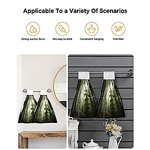 Kitchen Towels with Hanging Loop 2 Pack, Green Forest Sunrise Soft Absorbent Hand Towels for Bathroom Bar Home Decor Nature Tree Dish Towels Reusable Washable Cleaning Cloth