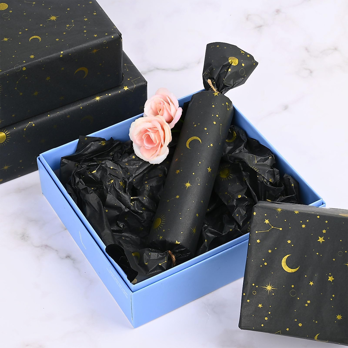 100 Sheets 20 * 14 Inches Galaxy Tissue Paper for Gift Wrapping, Black Gold Moon Star Printed Tissue Paper for Gift Bags for Birthday Christmas Baby Shower DIY Craft