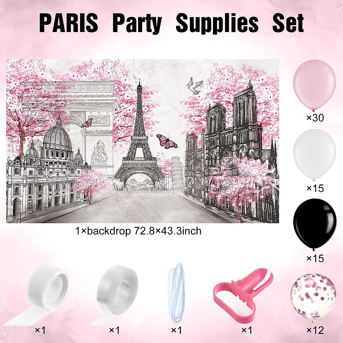 76 Pcs Paris Party Supplies Set Pink Paris Theme Party Decoration Eiffel Tower Party Backdrop White Pink Black Balloon Arch Garland Kit for Kid Boy Girl Birthday Decoration