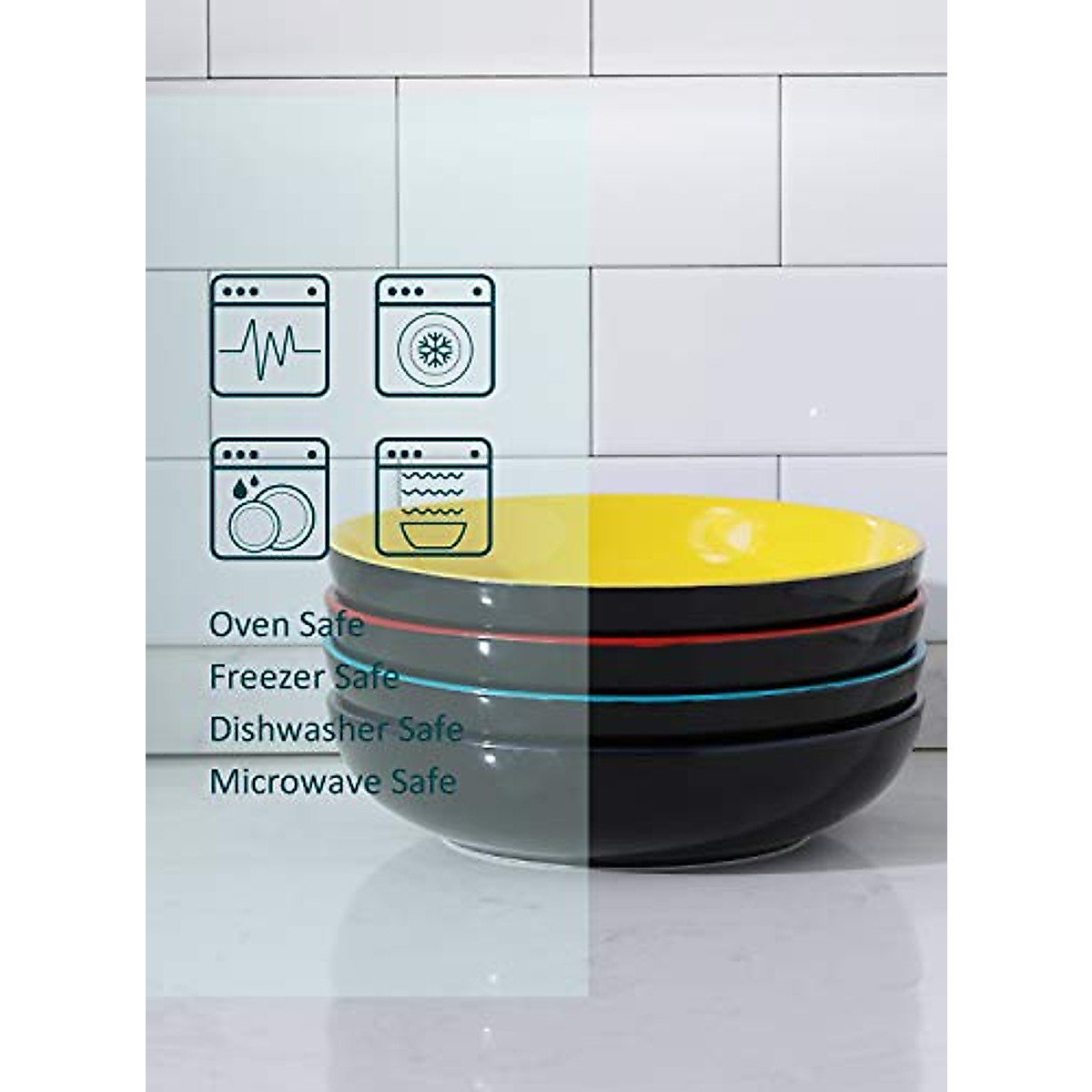 Teocera Pasta Bowls, Large Salad Bowls, Porcelain Bowl Set, Wide and Shallow, Microwave and Dishwasher Safe, 35 Ounce - Set of 4, Black Multi Color