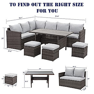 Wisteria Lane Outdoor Patio Furniture Set, 7 Piece Outdoor Dining Sectional Sofa with Dining Table and Chair, All Weather Wicker Conversation Set with Ottoman, Grey