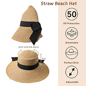 DOFOWORK Women's Sun Hat - Khaki UPF 50+, Packable, Wide Brim Straw Hat for Beach, Travel, Cruise, Honeymoon - Adjustable