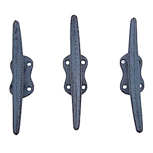 Wowser Blue Grey Boat Cleat Cast Iron Wall Hooks, Wall Mounted Decoration, Beach Themed Wall Décor, Set of 3, 5.75 Inches High