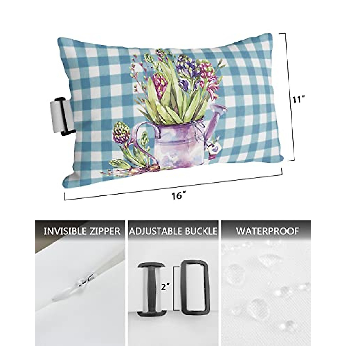 Recliner Head Pillow Ledge Loungers Chair Pillows with Insert Spring Summer Flower Watercolor Blue Buffalo Plaid Lumbar Pillow with Adjustable Strap Patio Garden Cushion for Sofa Bench Couch, 2 PCS