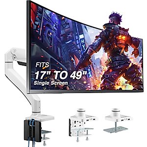 AVLT Single 17"-49" Super Ultrawide Monitor Arm for Screens Up to 50 lbs, Premium Aluminum Desk Stand, Adjustable Pneumatic Height, Full Motion Swivel Tilt Rotation, USB 3.0 & AUX Ports, White
