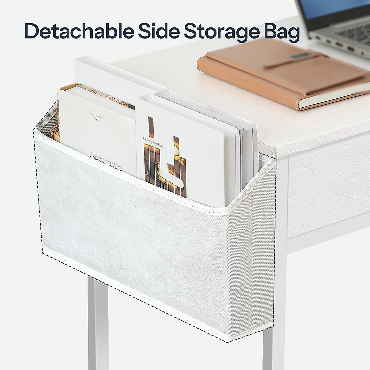 HOOBRO Small White Computer Desk with Power Outlet, 32 Inch Home Office Computer Desk with 2 Fabric Drawers, Study Desk for Small Spaces, with Side Pocket, for Study, Living Room, White WW42UDN01