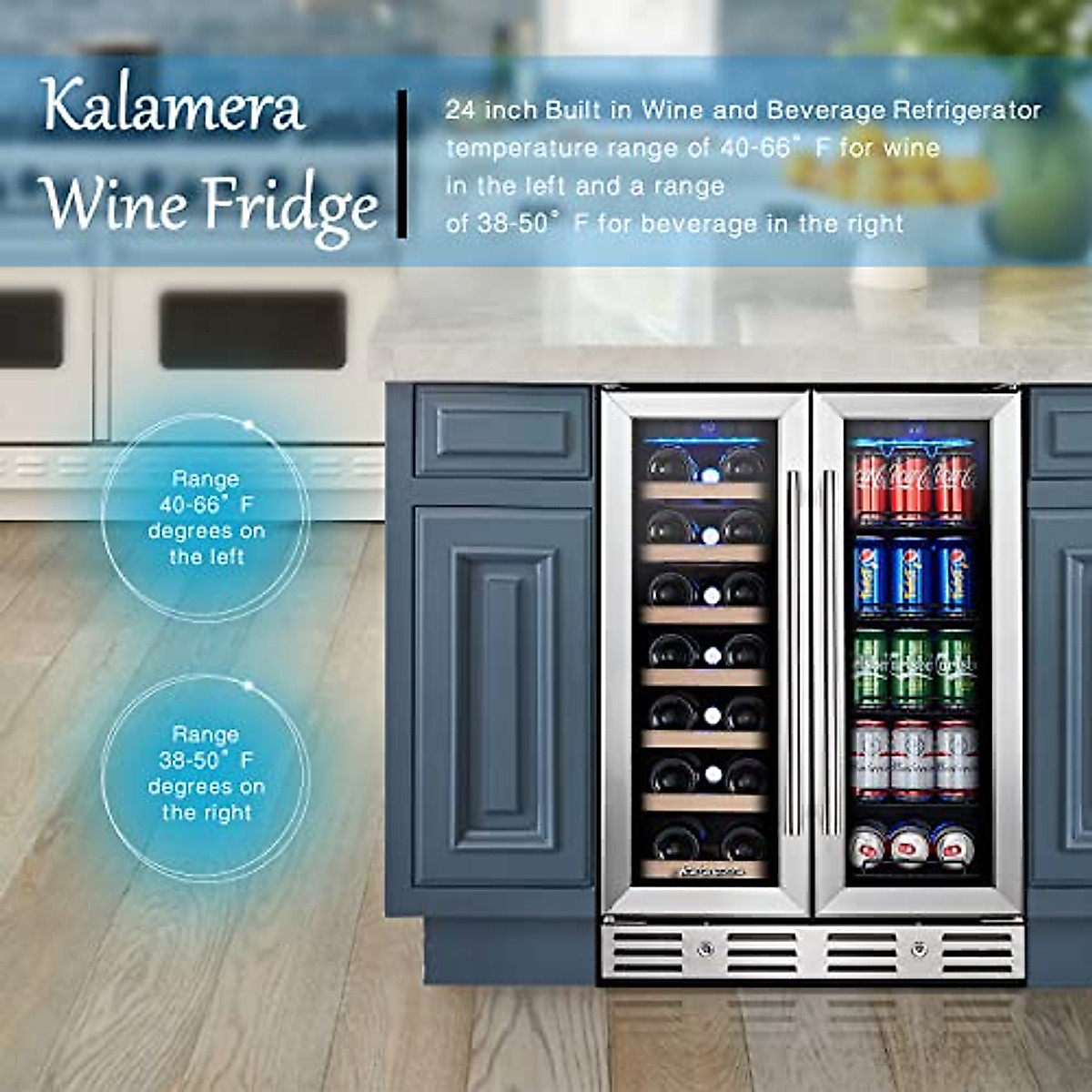 Kalamera Wine Cooler, 24 inch Built in Wine and Beverage Refrigerator, Dual Zone w/ 20 Bottles and 78 Cans Capacity, Digital Touch Control