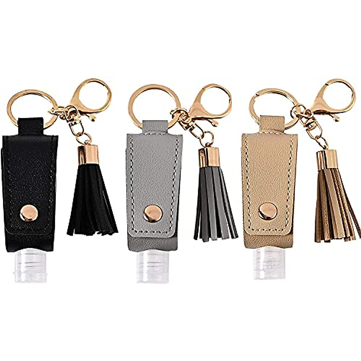 Milcraft Portable Empty Travel Bottle Keychain Hand Sanitizer Bottle Holder 3 Pack 1oz / 30ml Small Squeeze Bottle Refillable Containers for Toiletry Shampoo Lotion Soap (Black+Grey+Khaki)