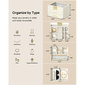 Jewelry Box for Women, 3-Layer Jewelry Organizer with Glass Lid, Flip-Top Leather Jewelry Boxes with 2 Drawers,Earring, Necklace, Ring, Bracelet Organizer Box for Big and Small Jewelry - Cloud White