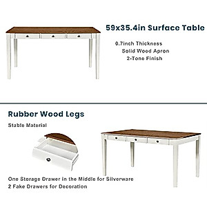 SIYSNKSI Mid-Century 6-Piece Dining Table Set with 4 Upholstered Dining Chairs and Bench, Wood Rectangular Dining Table with Drawer for Kitchen Living Room, Dining Table Set for 6 (Butter Milk+Grey)