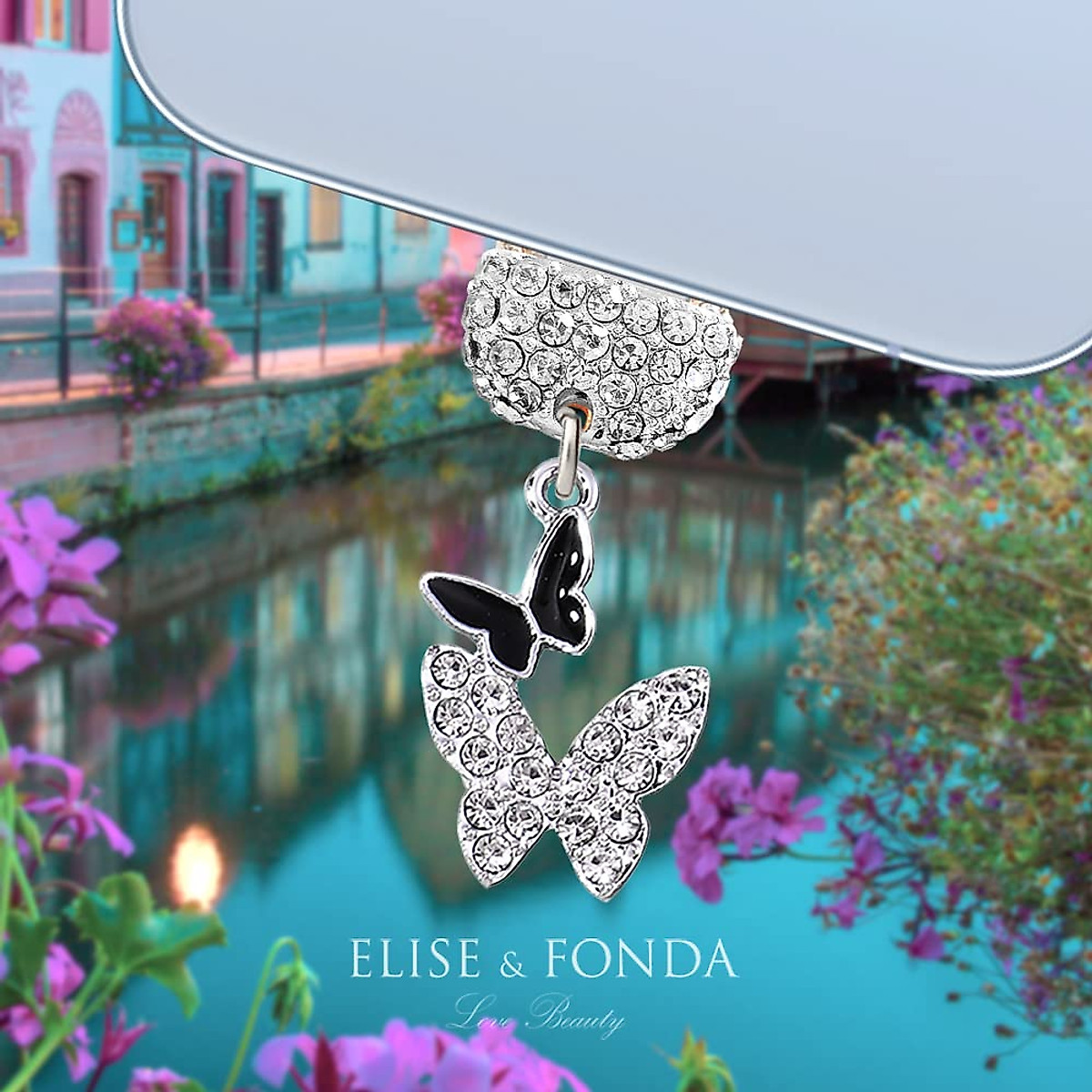 ELISE & FONDA CP553 USB Charging Port Crystal Anti Dust Plug Little Butterfly Phone Charm for iPhone 13/12/11/ XS MAX/XR/X/8 Plus/7/6S/8/SE iPad iPod (Black & White)