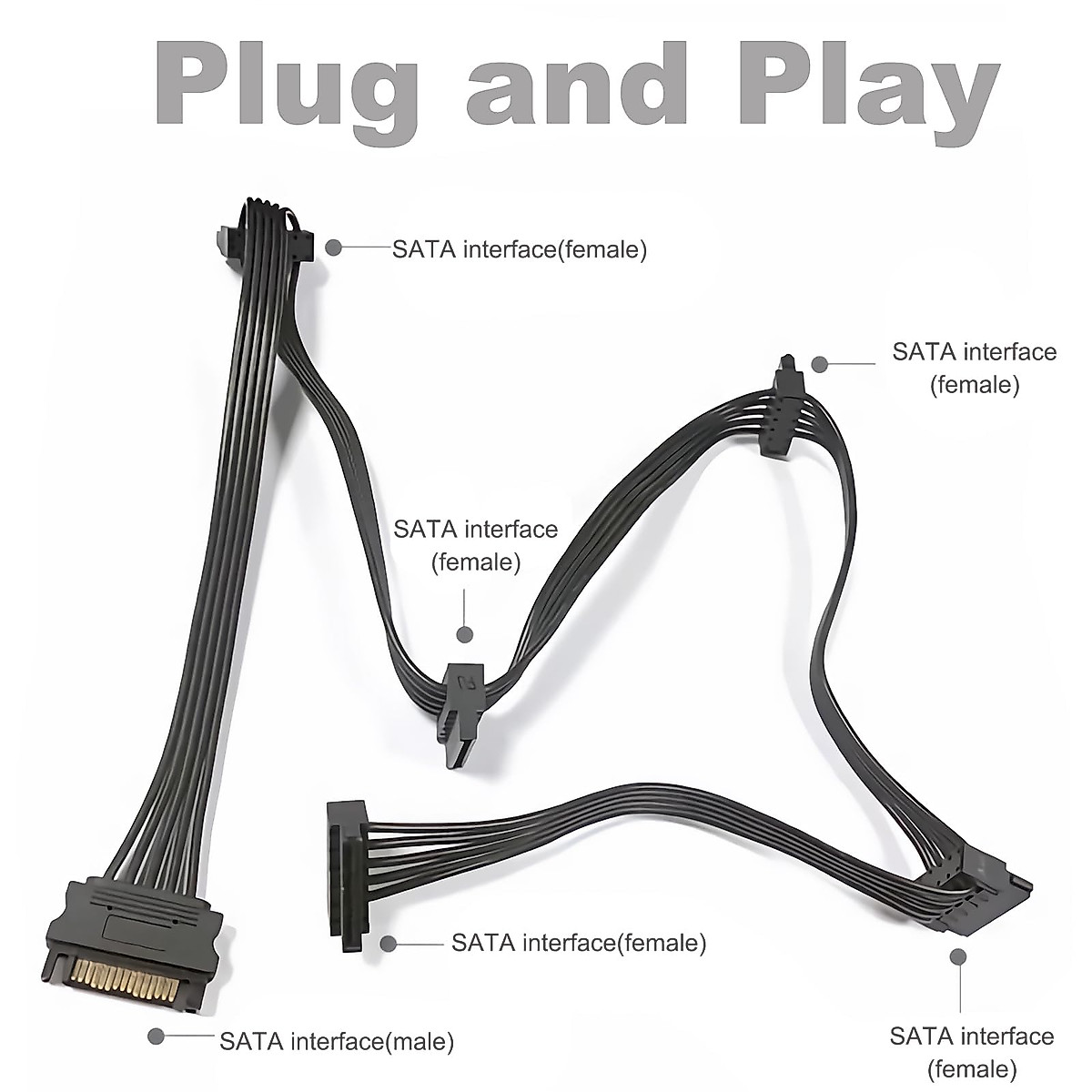 OHKIKOME SATA Power Splitter Cable 19.7 in (500 mm) - 15 Pin SATA 1 Male to 5 Female Power Splitter Adapter Cable Powers up to 5 HDD, SSD, Optical Drives (1, Black)