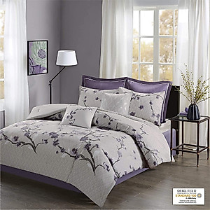 Madison Park Holly 100% Cotton Duvet Set - Classic Traditional Design, Cozy All Season Comforter Cover, Matching Shams, Decorative Pillows Holly, Full/Queen(90"x90"), Pruple/Grey 7 Piece