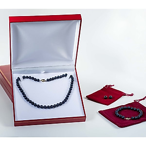 Pearl Romance ROUND Black Strand Pearl Necklace Bracelet Stud Earrings 3pc set 16 Inch Choker Length Genuine Cultured Freshwater Large 9mm 10mm