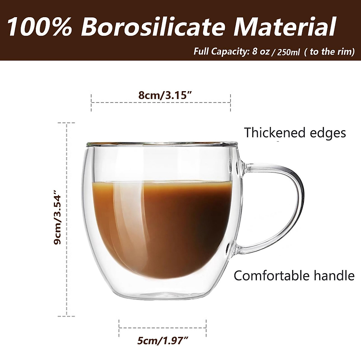 xiatnnxaa Insulated Glass Coffee Mug With Handle, 8 Ounce Clear Coffee Cup, 2 Pack Insulated Glass Espresso Mugs, Double Wall Coffee Mugs for Tea, Espresso, Cappuccino, Latte, Water Cold hot Beverages